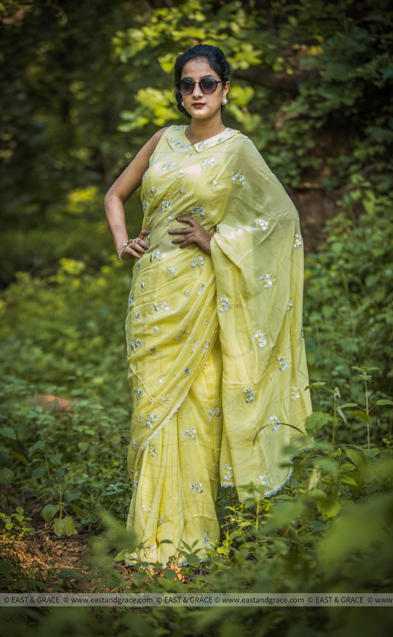 Sungold Pure Flat Silk-Chiffon Hand-Embroidered Saree – EAST & GRACE