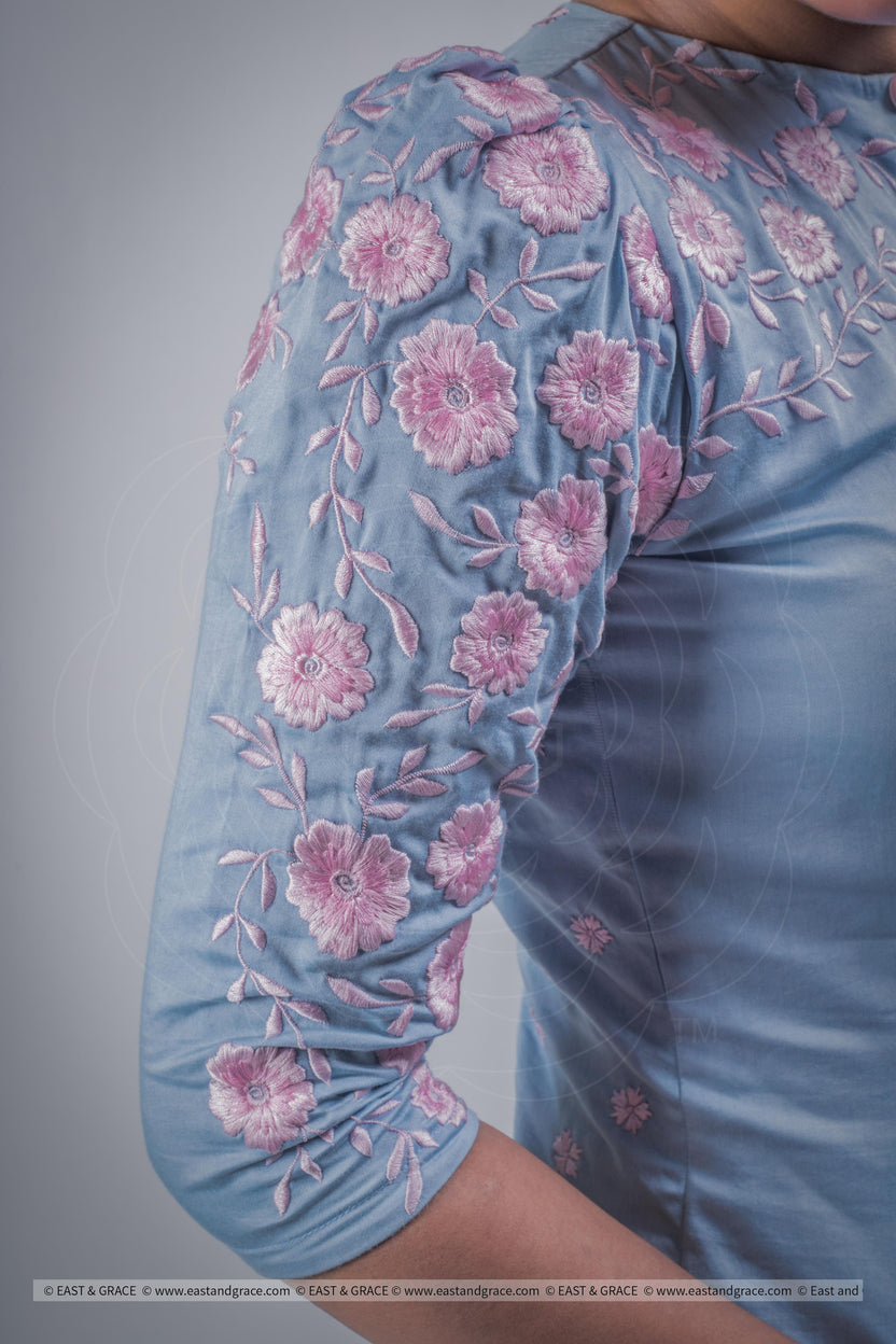 Mimi Light Blue Cotton-Satin Blouse with Floral Hand Embroidery – EAST ...